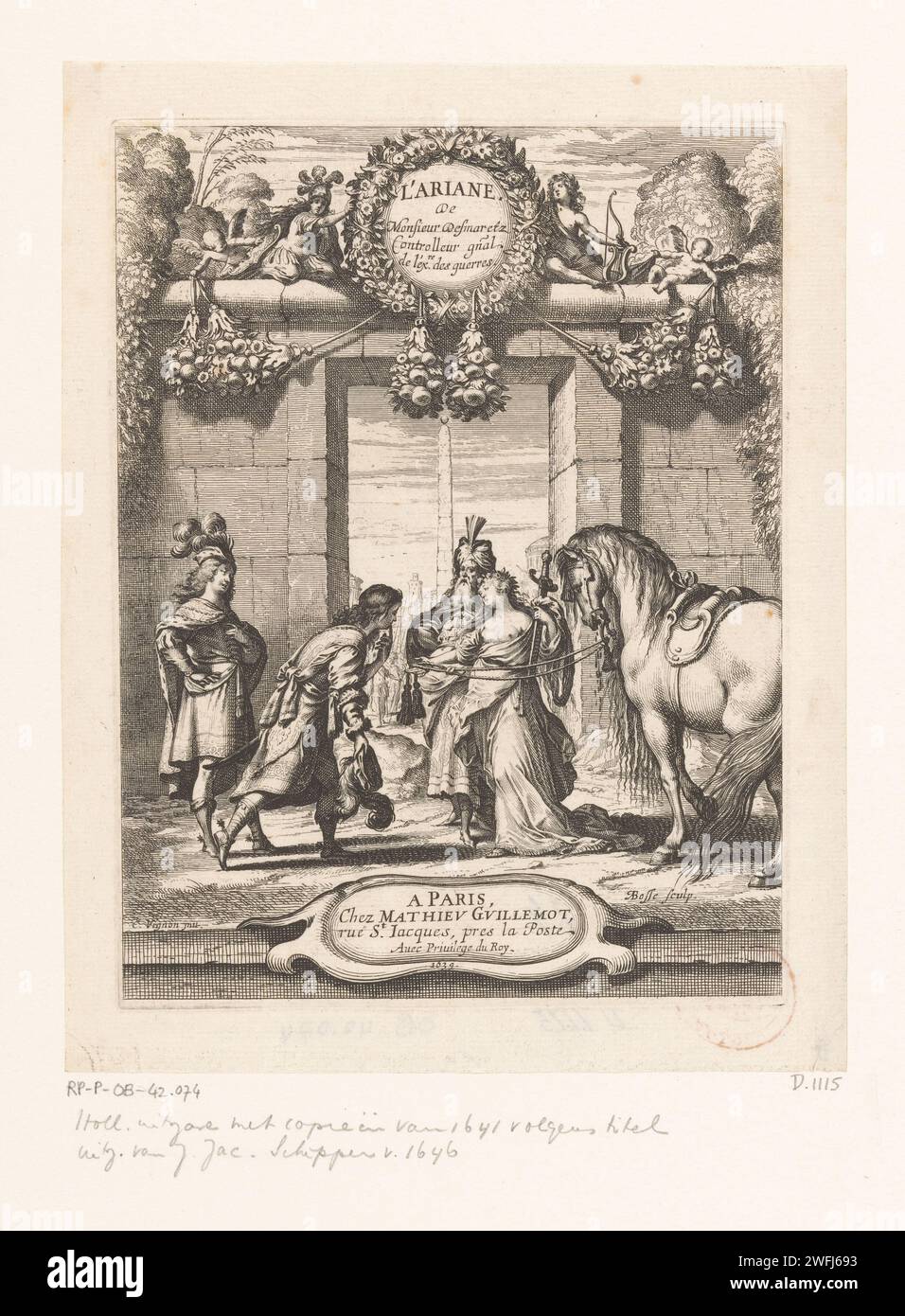 Ariane hands over the reins of a horse to Melinte, Abraham Bosse, after ...