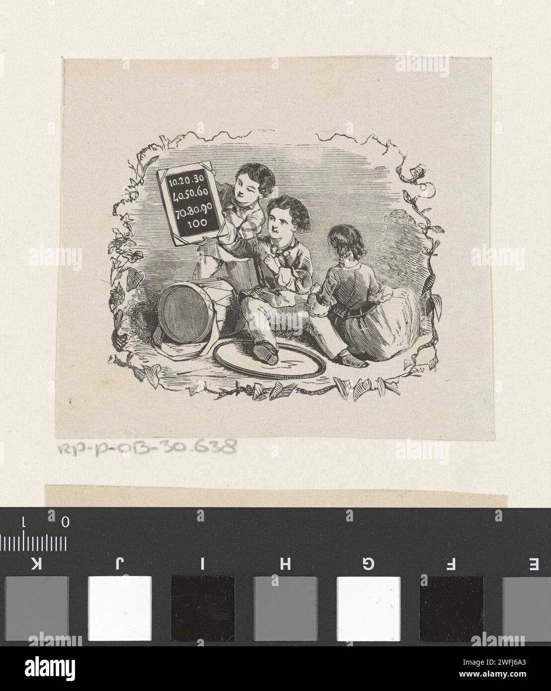 Three children with a drum, a hoop and a chalkboard, Isaac Weissenbruch ...