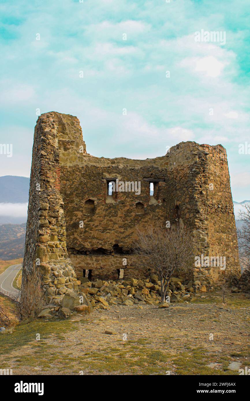 Ruins of ancient fortress, stone walls and windows. Historical place ...