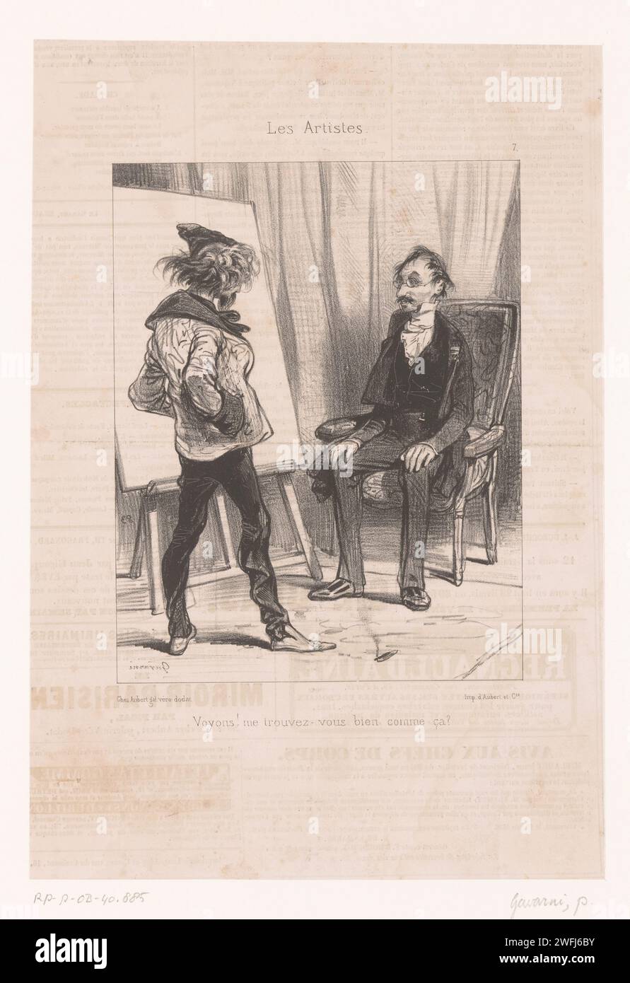 Painter looks at his model, Paul Gavarni, 1838 print Paris paper artist ...