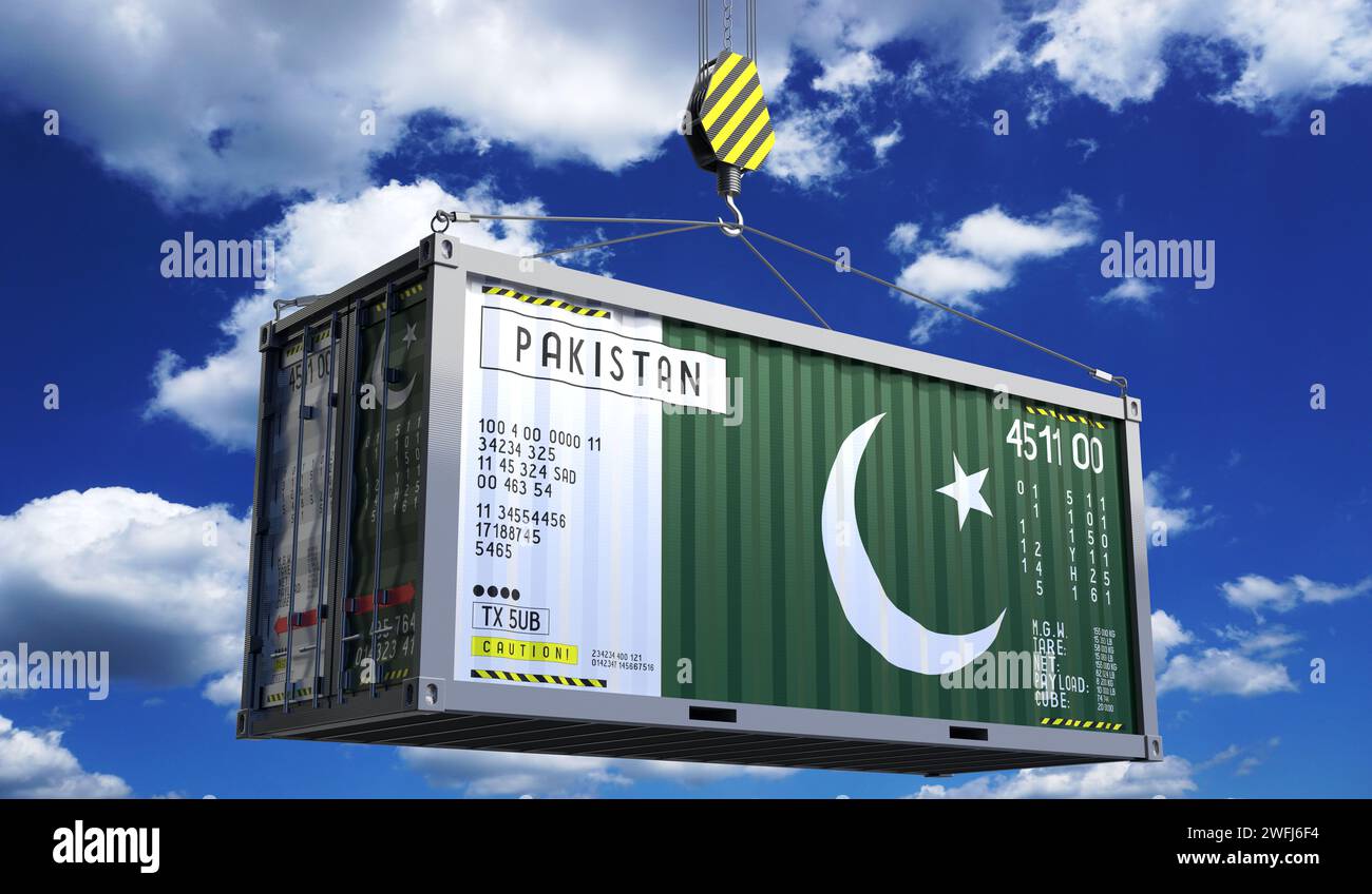 Freight shipping container with national flag of Pakistan hanging on crane hook - 3D ...
