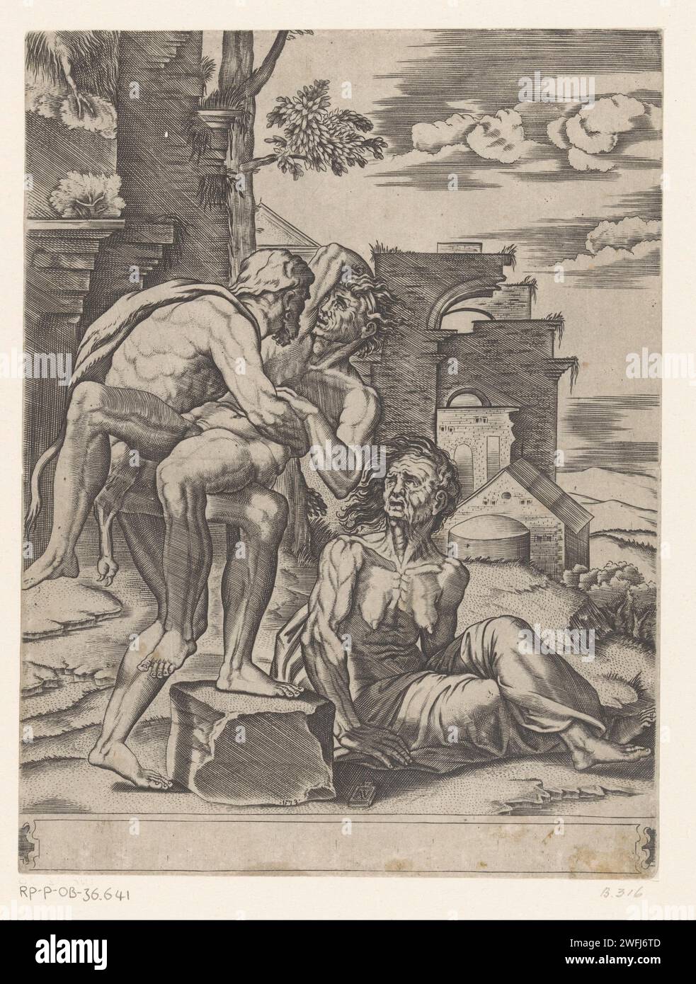 Hercules is struggling with Antaeus, Agostino Veneziano, After Rafaël ...
