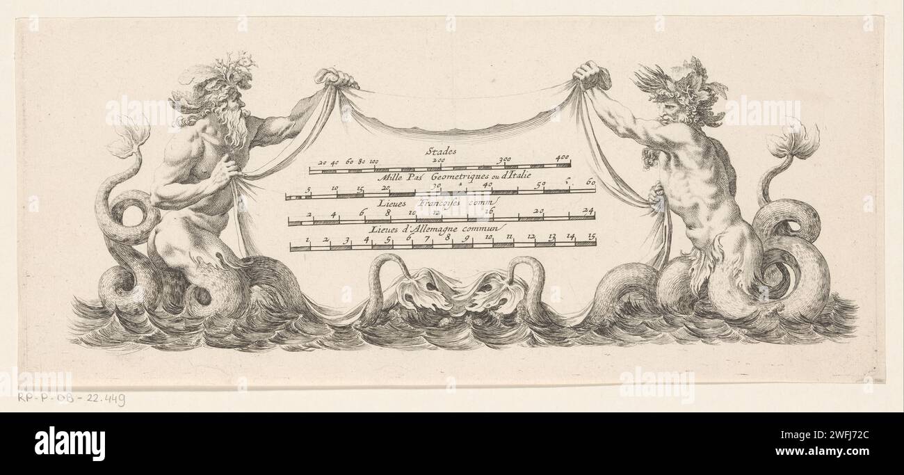 Meermans with map scale, Anonymous, 1636 - 1648 print Two Meermans in ...