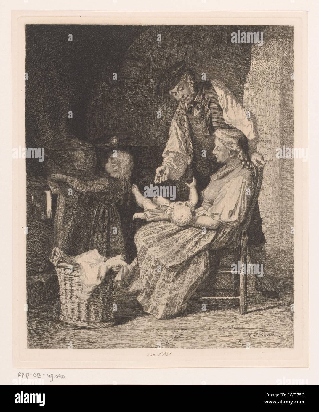 Family scene with a couple, a baby and a young girl, Théodore Gérard ...