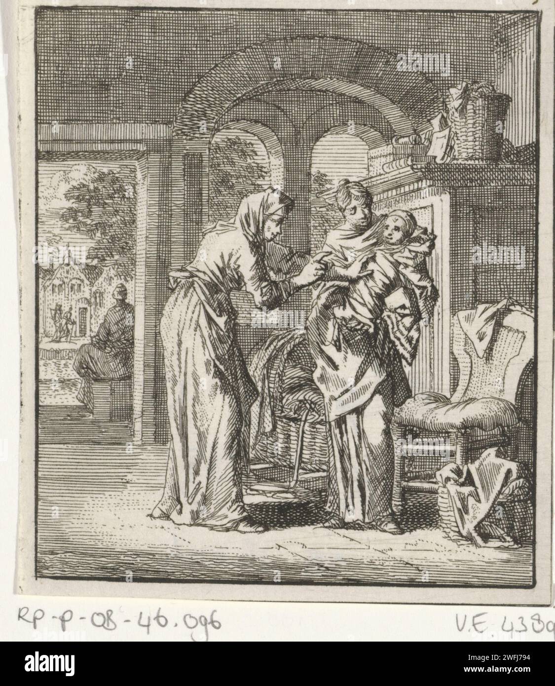Mother shows a newborn baby to an elderly woman, Jan Luyken, 1712 print Amsterdam paper etching ...