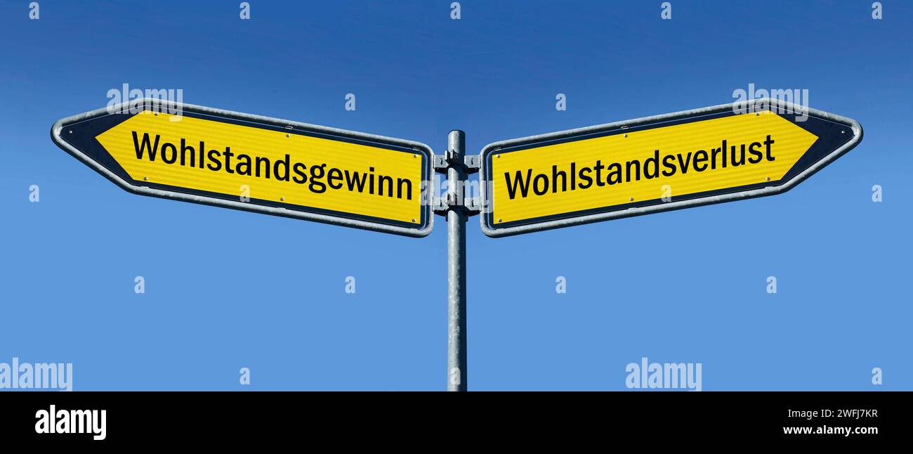 zwei Wegweiser mit Wohlstandsgewinn und Wohlstandsverluste zwei ...