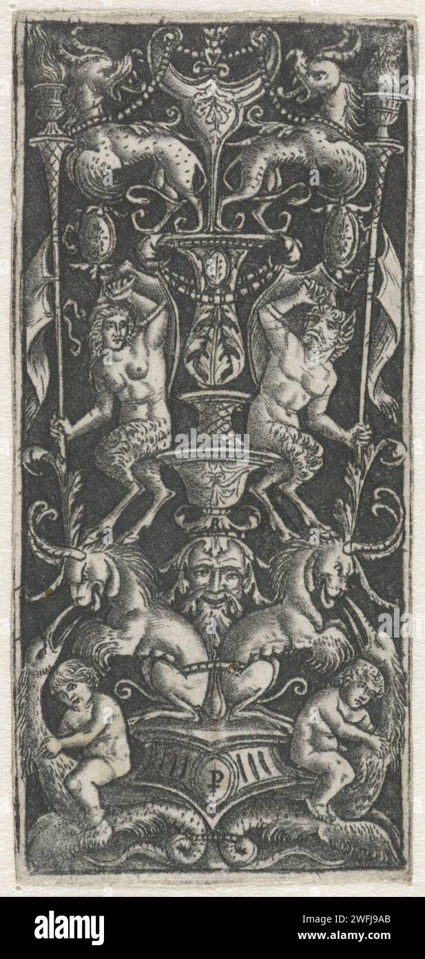 Ornament with candelabria on which male and female satyr are above the ...