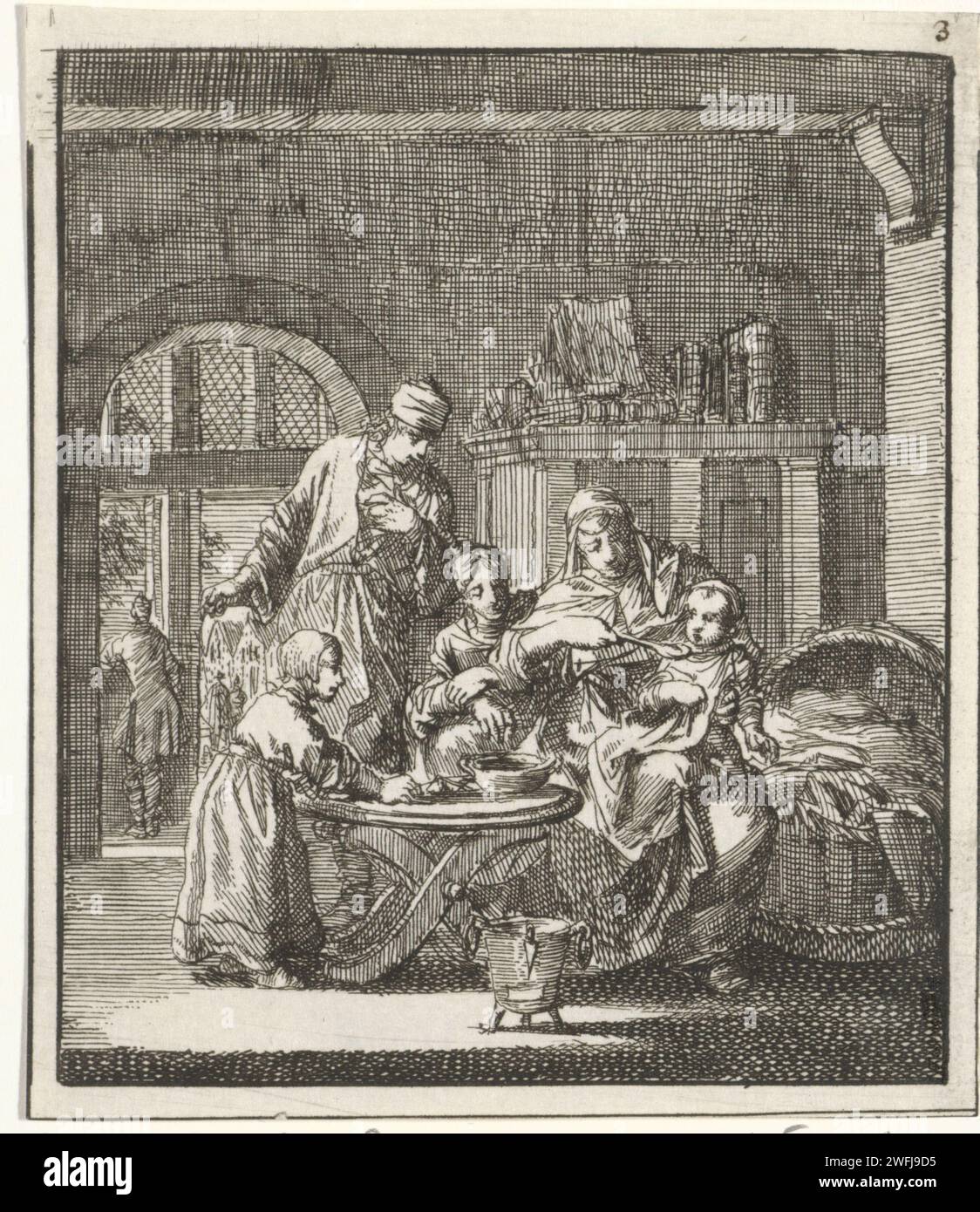 Mother takes her child porridge in the presence of her husband and older children, Jan Luyken ...