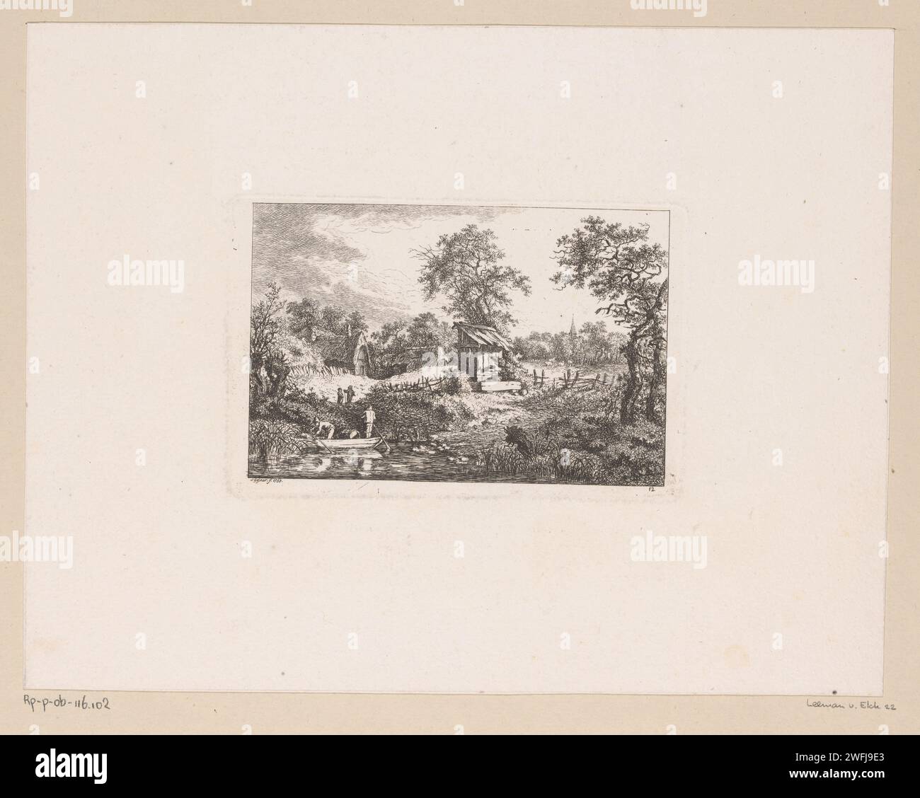 View of a village on the water with two men in a boat, Salomon Gesner ...