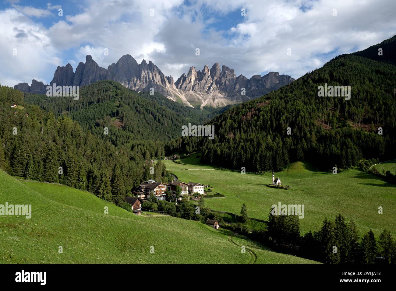 Summer panoramic landscape of the Odle mountains in the Dolomite's Val ...