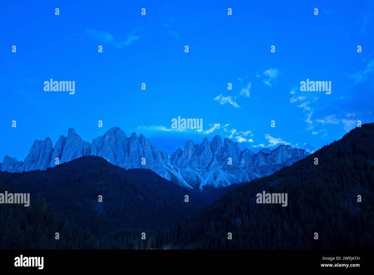 Blue night landscape of the Odle mountains in the Dolomite's Val di ...
