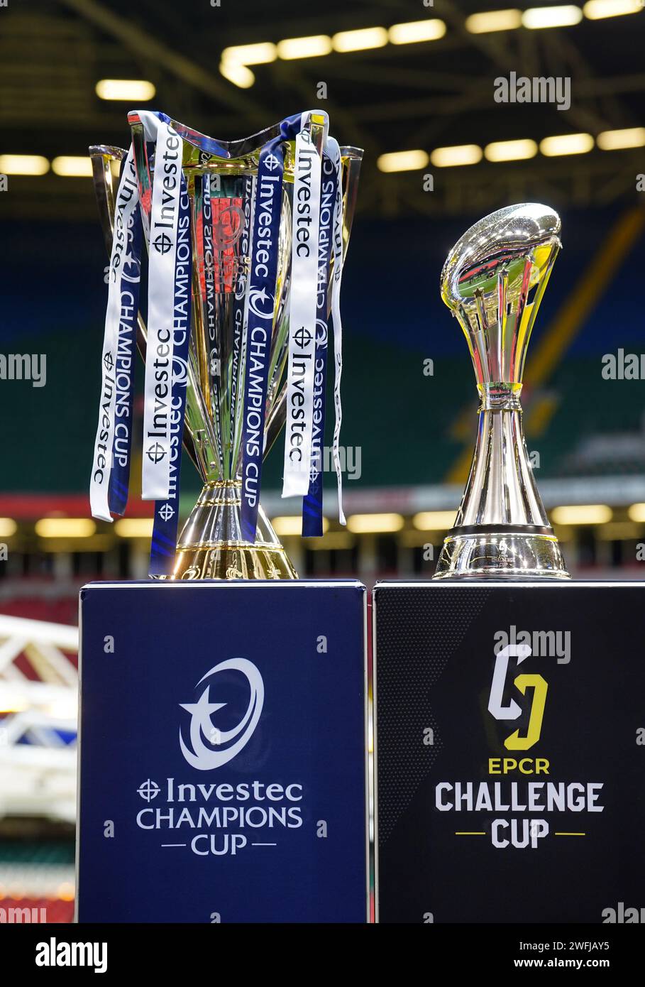 The European Cup and the Challenge Cup on display during the EPCR ...