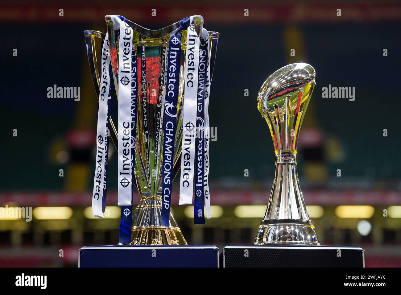 The European Cup and the Challenge Cup on display during the EPCR ...