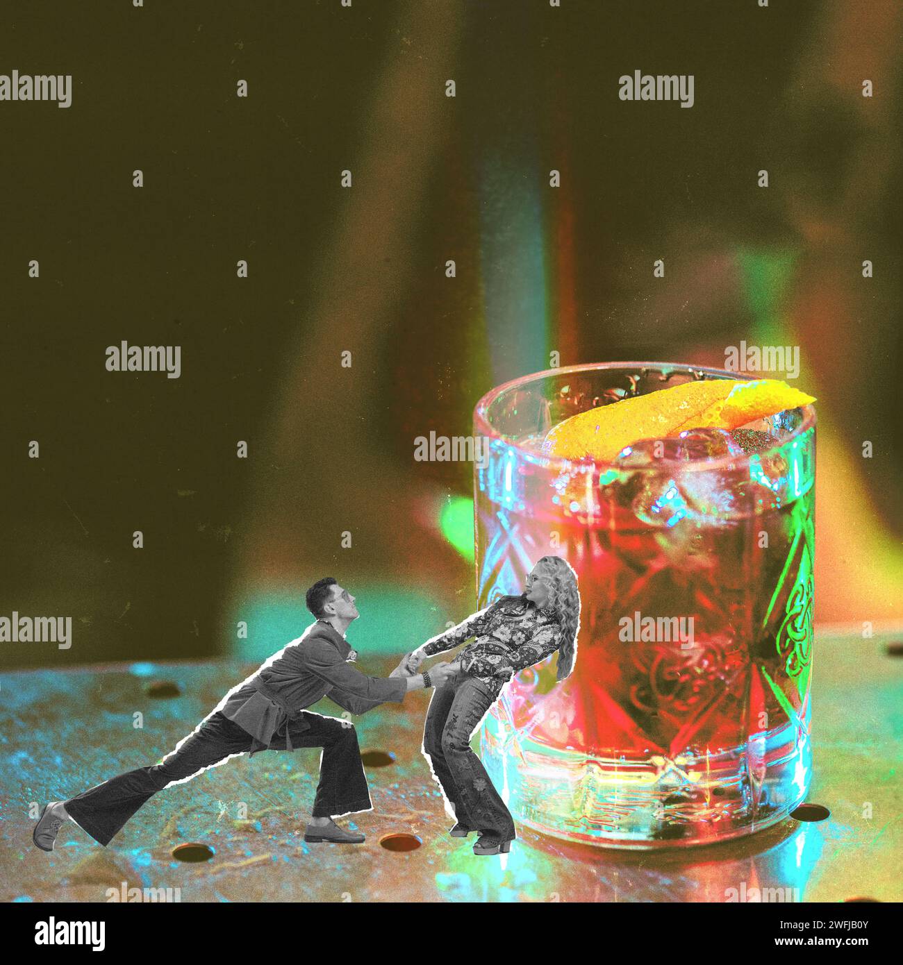 Beautiful artistic young couple cheerfully dancing near giant glass ...