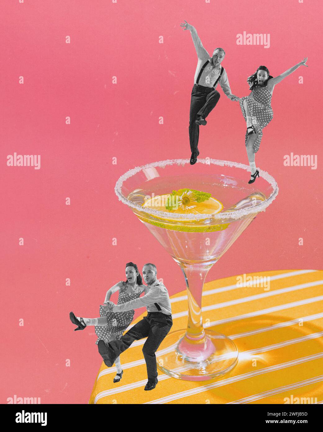 Elegant, positive young couple, man and woman in retro clothes dancing ...