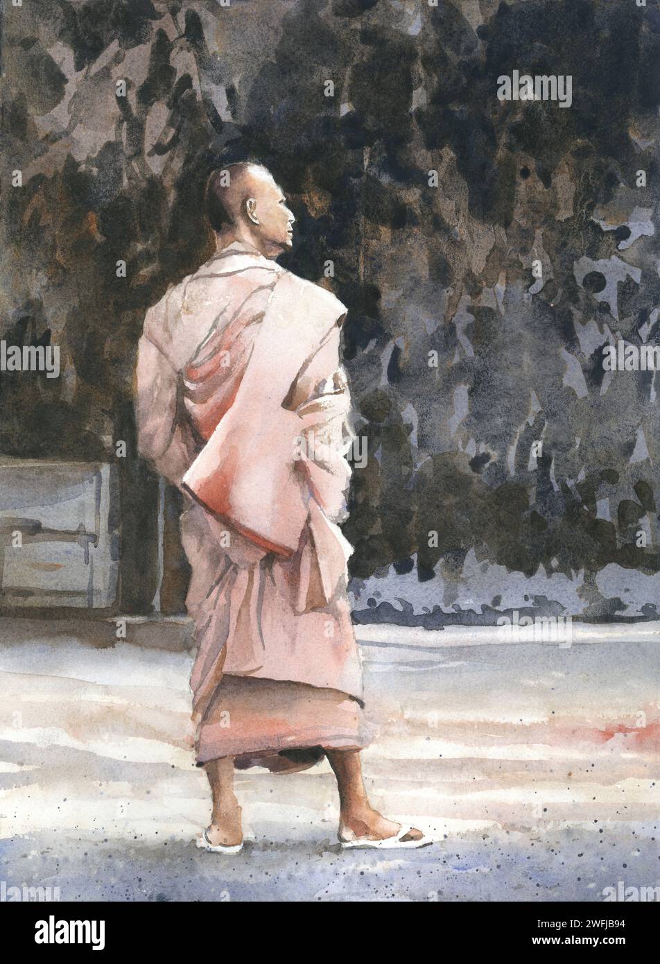 Watercolor painting Buddhist monk Phnom Penh travel essentials trendy ...