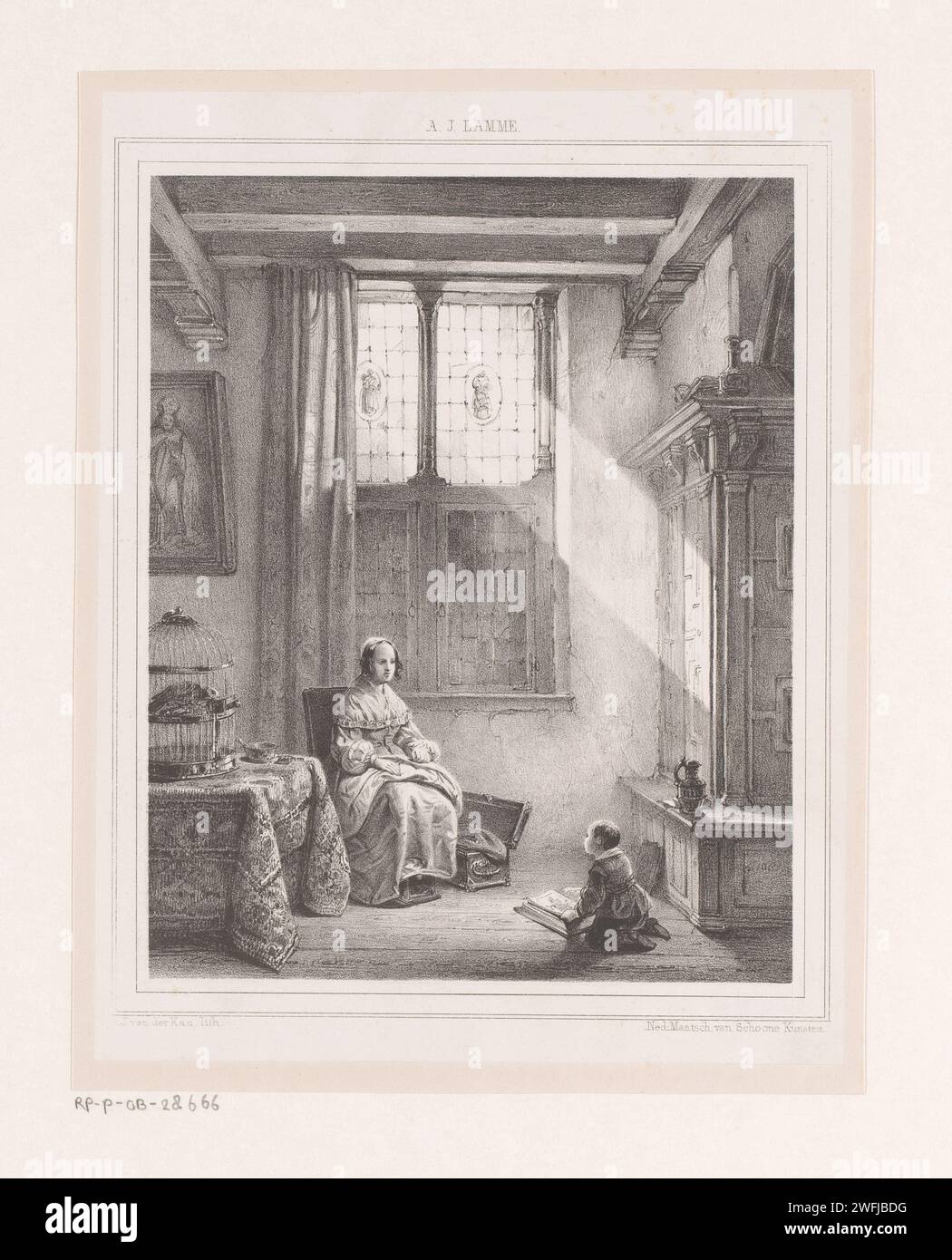 Interior with wife and child with book, Jan van der Kaa, after Ary ...