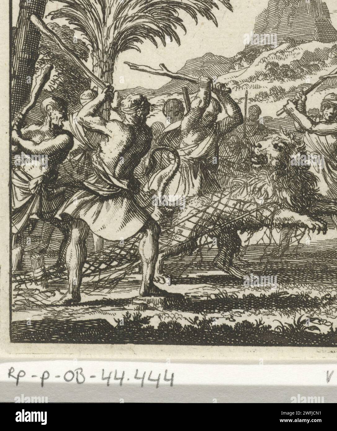 In a newly caught lion by four men with sticks, Jan Luyken, 1693 print ...