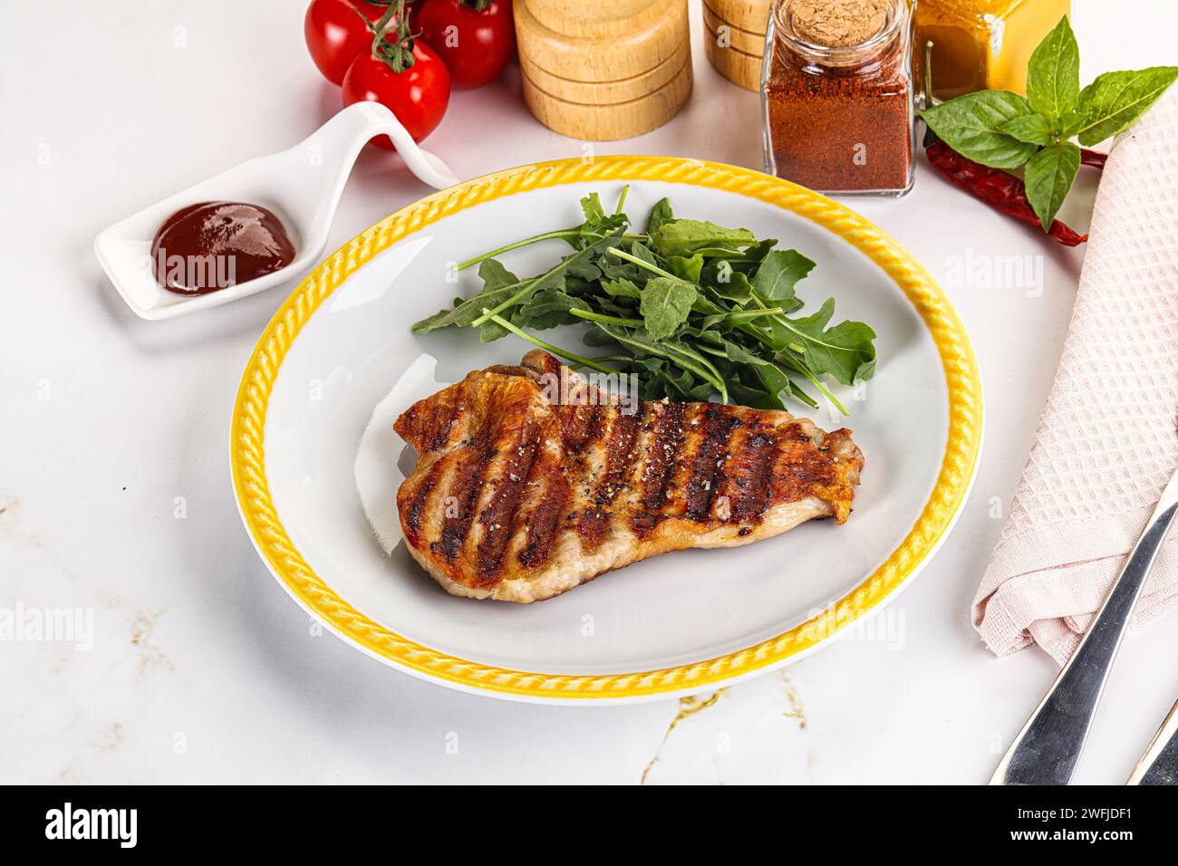 Delicous grilled pork meat steak with sauce Stock Photo - Alamy