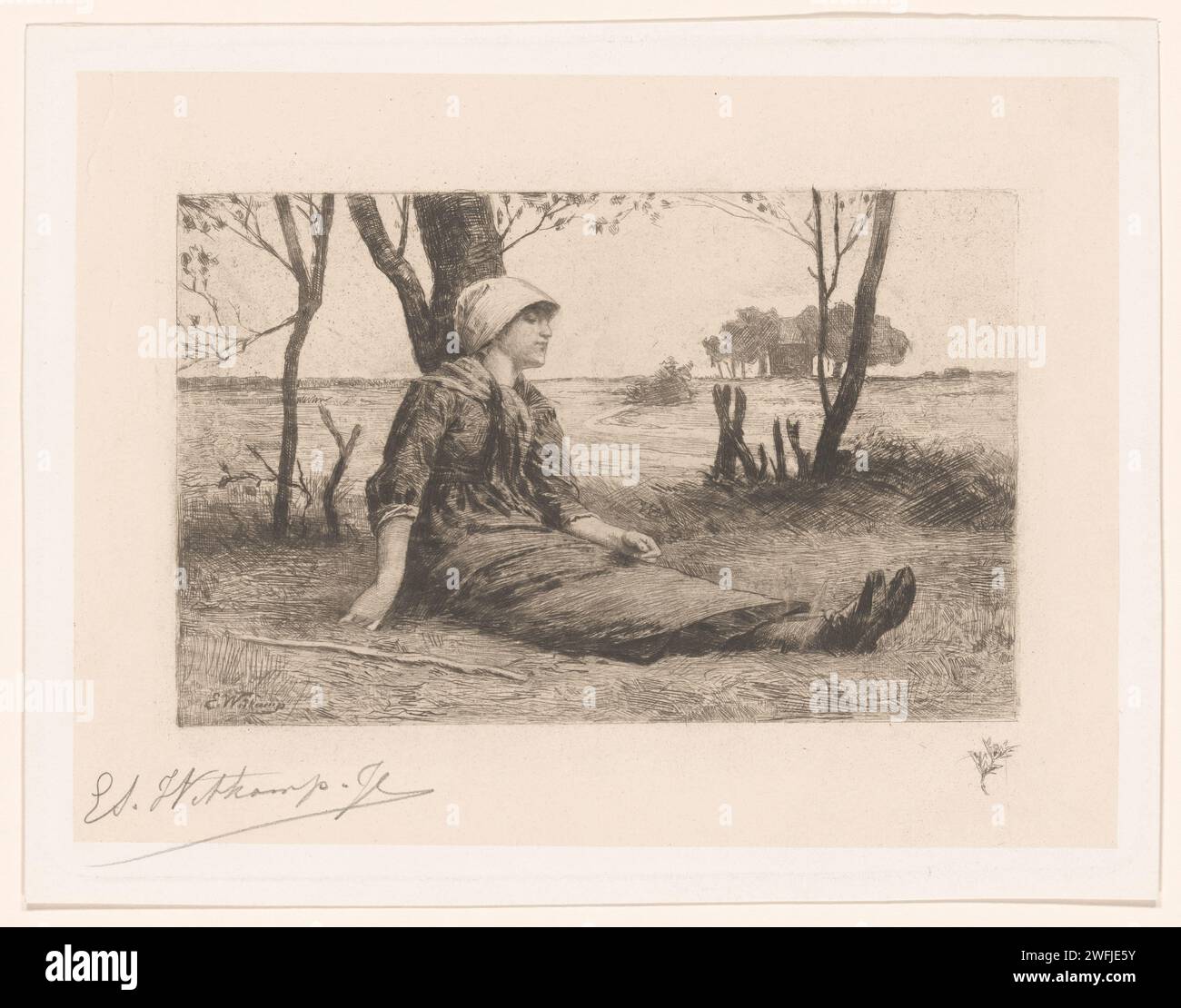 Sitting woman against a tree, Ernst Witkamp, 1864 - 1897 print paper ...