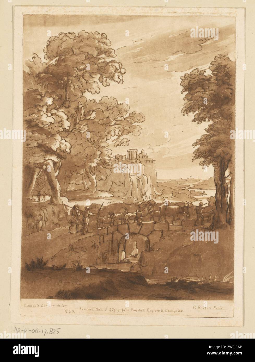 Landscape with cattle drivers and cattle walking over a stone bridge ...