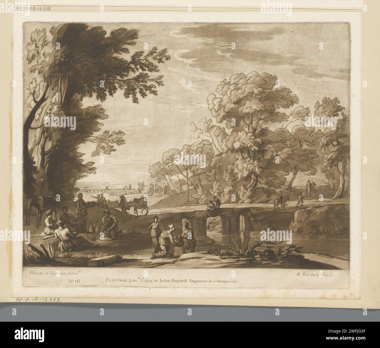 Landscape with stone bridge and four figures that consume their meal ...
