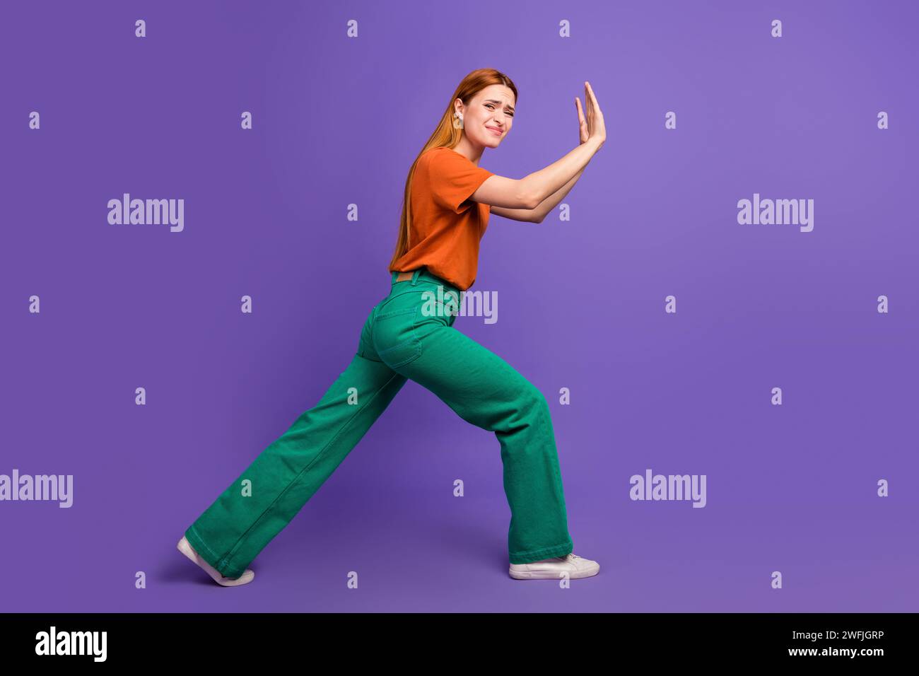 Full length body photo of young woman solving all problems and ...