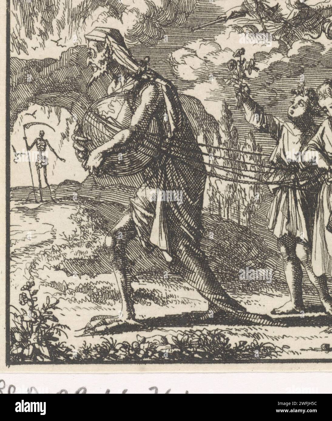 Satan leads four boys to hell, where death awaits them, Jan Luyken, 1699 print Satan takes four ...