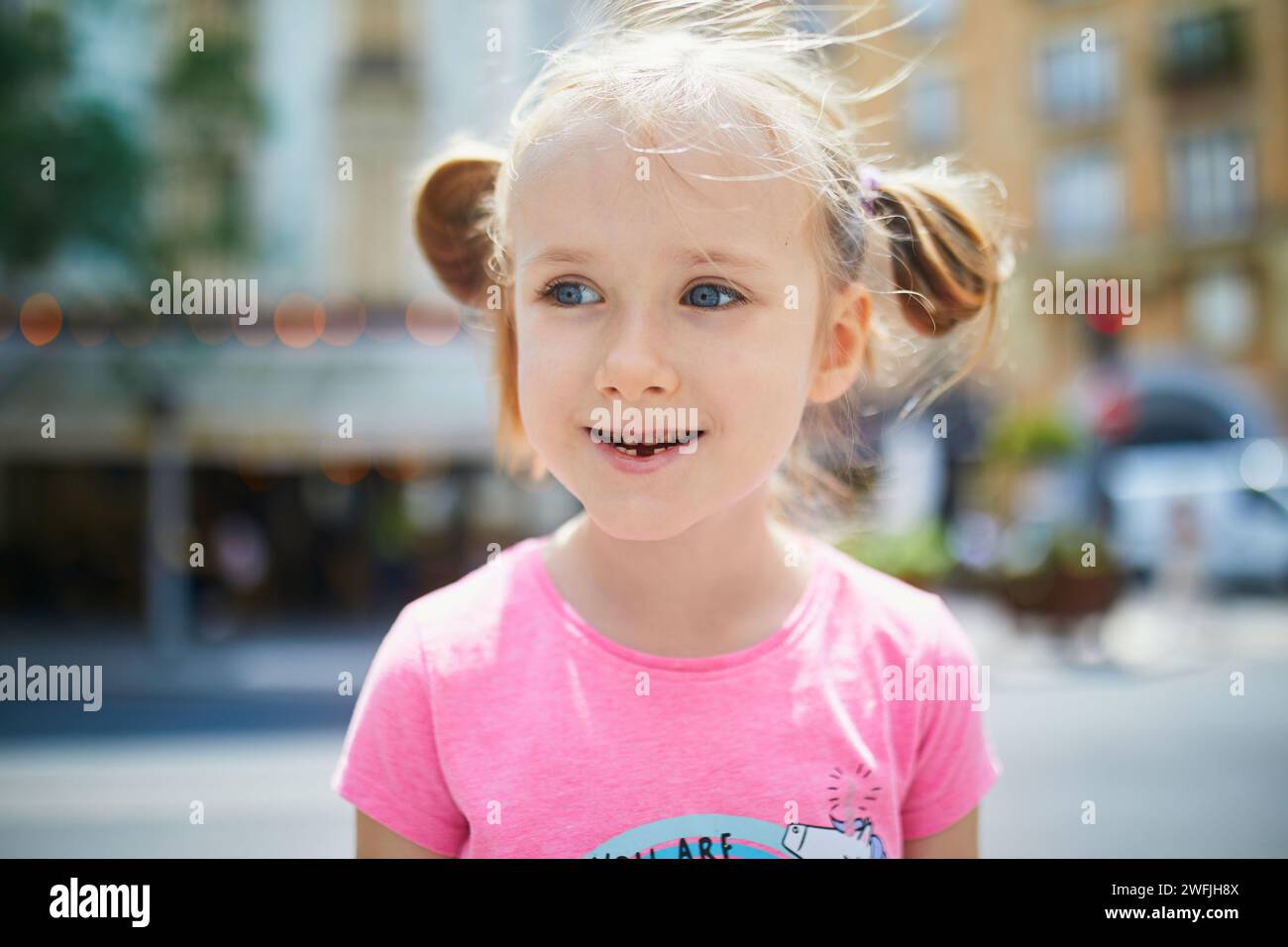 Outdoor portrait of adorable preschooler girl missing front tooth Stock ...