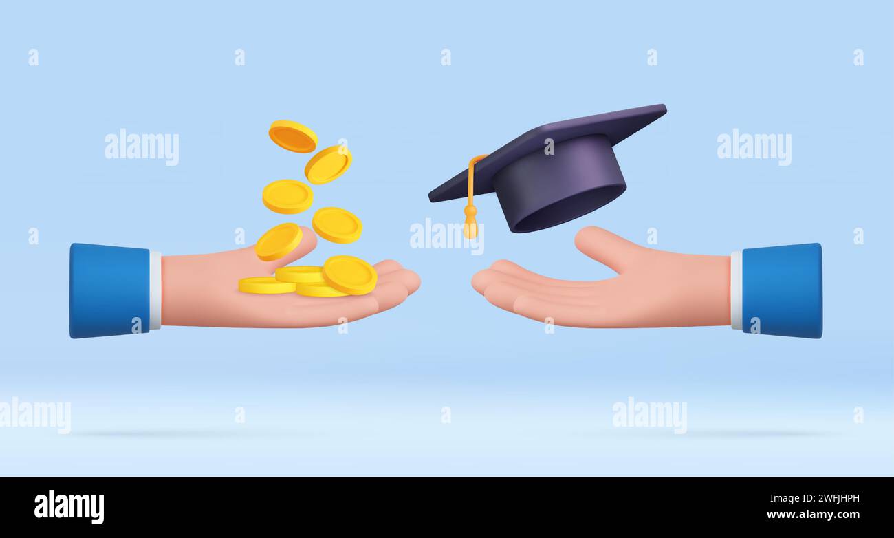 3D cartoon hand hold graduations cap and money coins Stock Vector Image ...