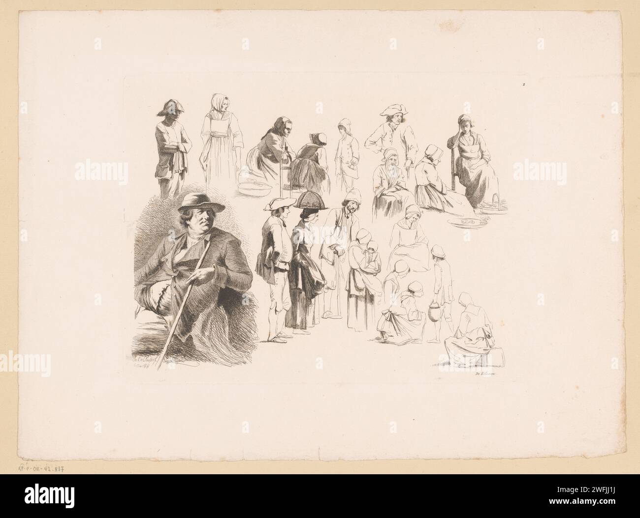 Composition with men and women of different ages in different postures ...