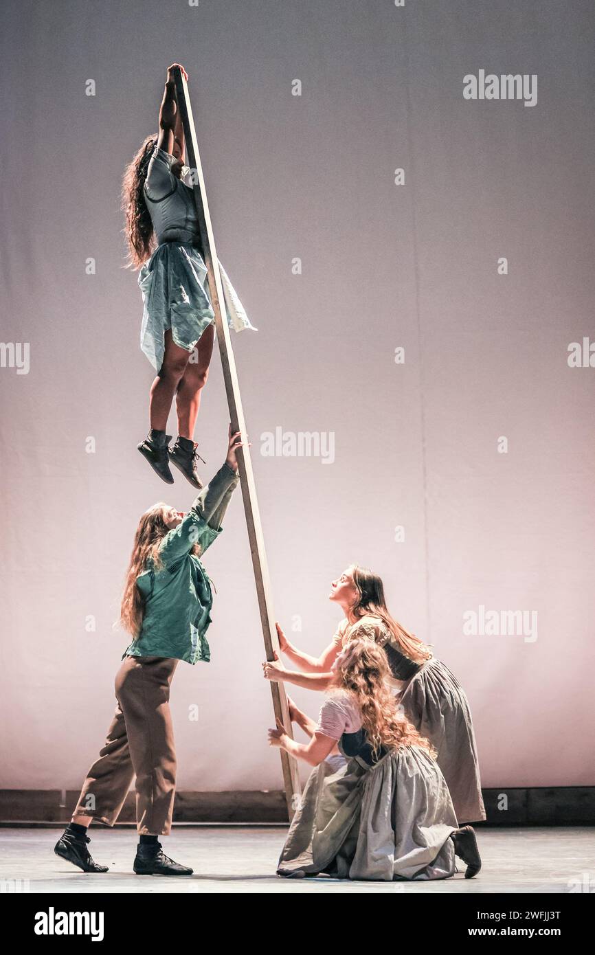London, UK 31st Jan 2024. The ensemble of performers in a scene. Ockham ...