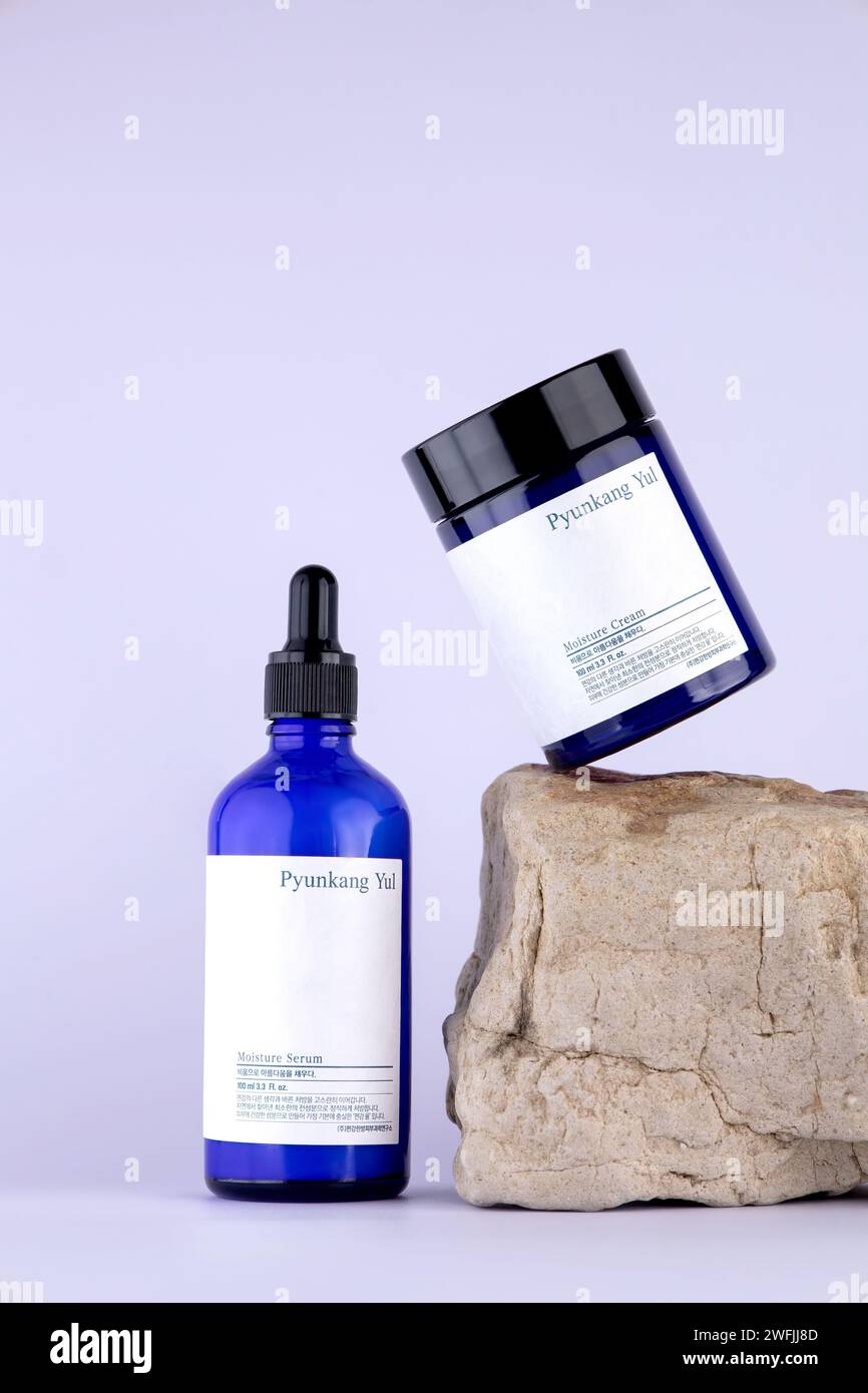 Pyunkang Yul brand moisturizer balances on a stone, next to it stands a ...
