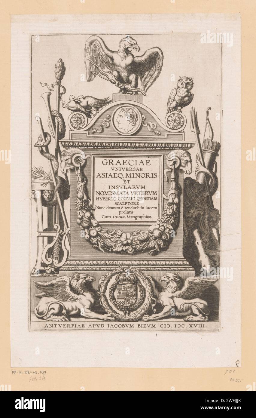 Classic altar with griffins, a garland and the attributes of various ...