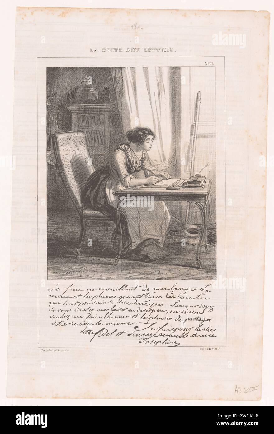 Maid writes a letter to a desk, Paul Gavarni, 1838 print Paris paper ...
