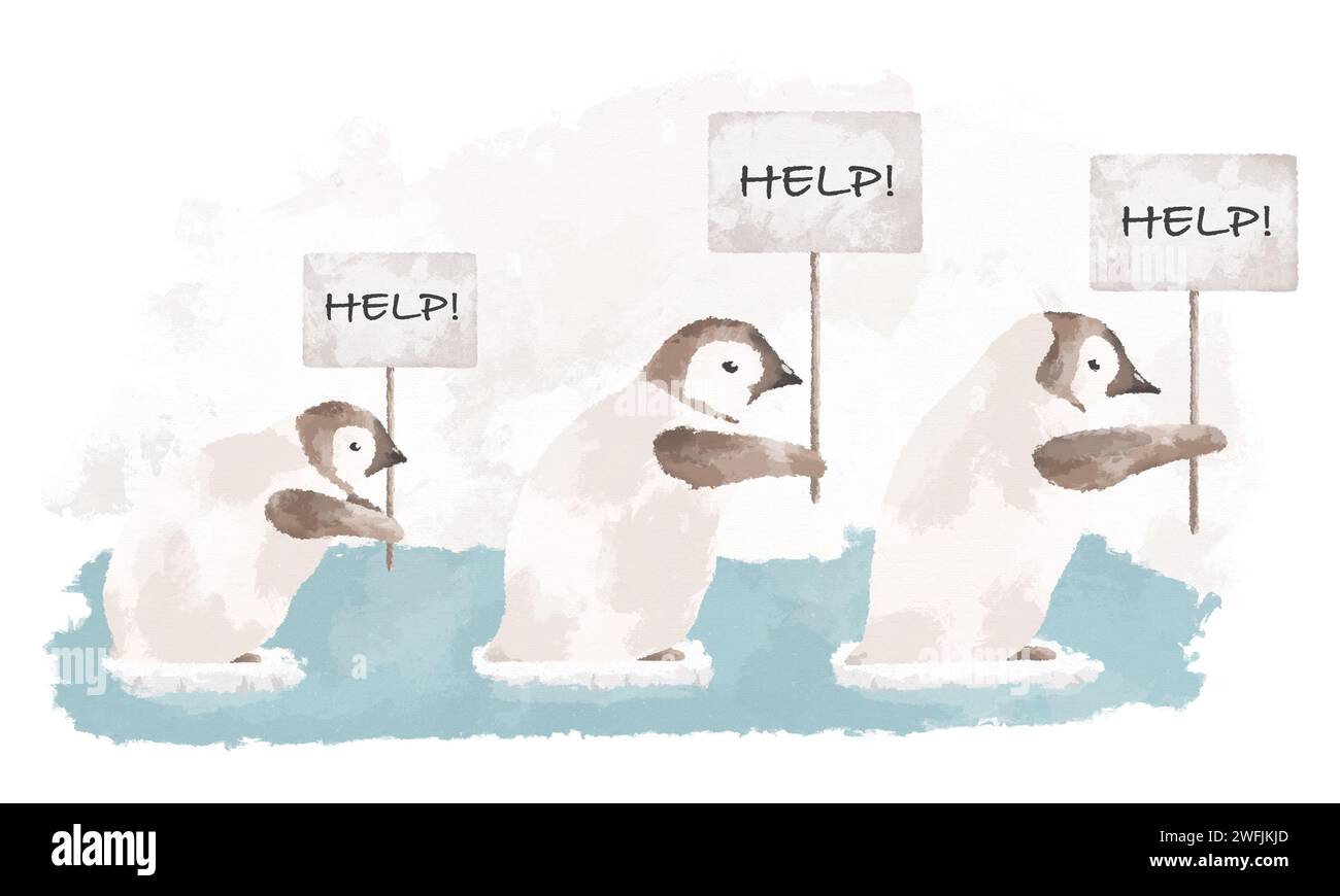Group of penguins on a melting iceberg with help sign. Global warming ...