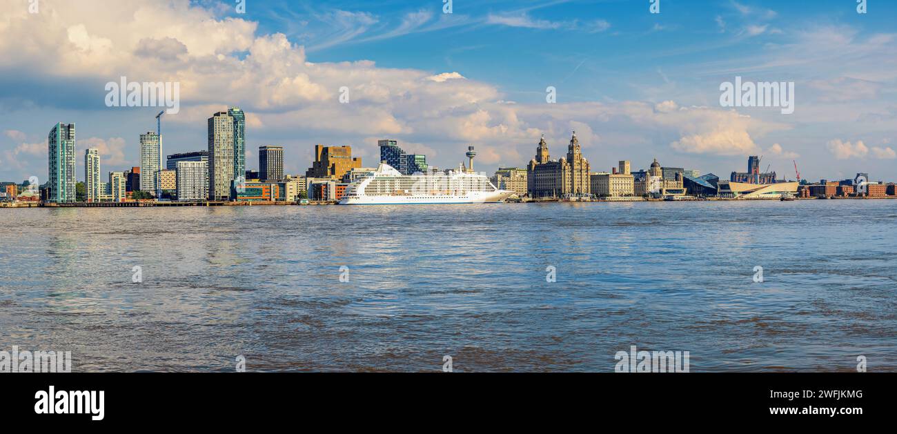 Liverpool city skyline looking across the Mersey with cruise ship ...