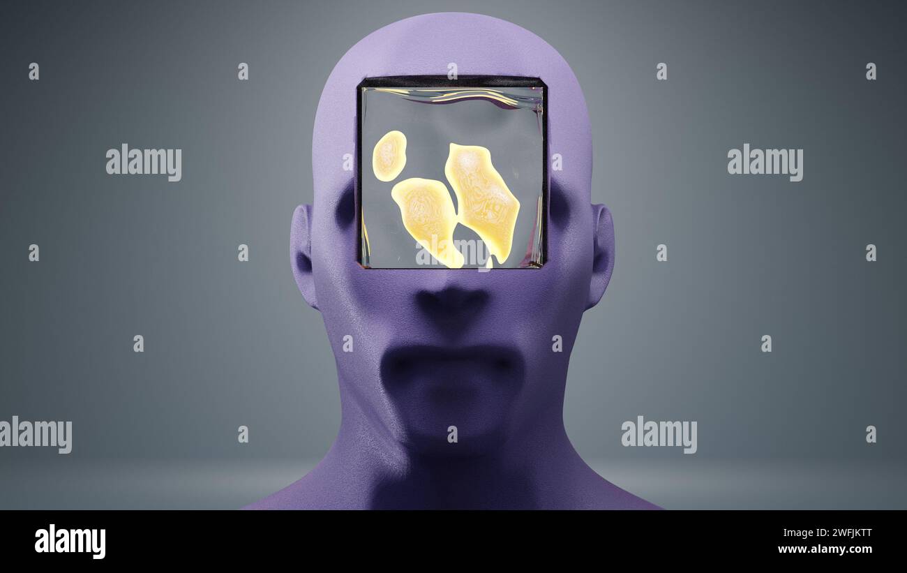 Abstract head with a hole, featuring clouds, symbolizing a blend of the ...