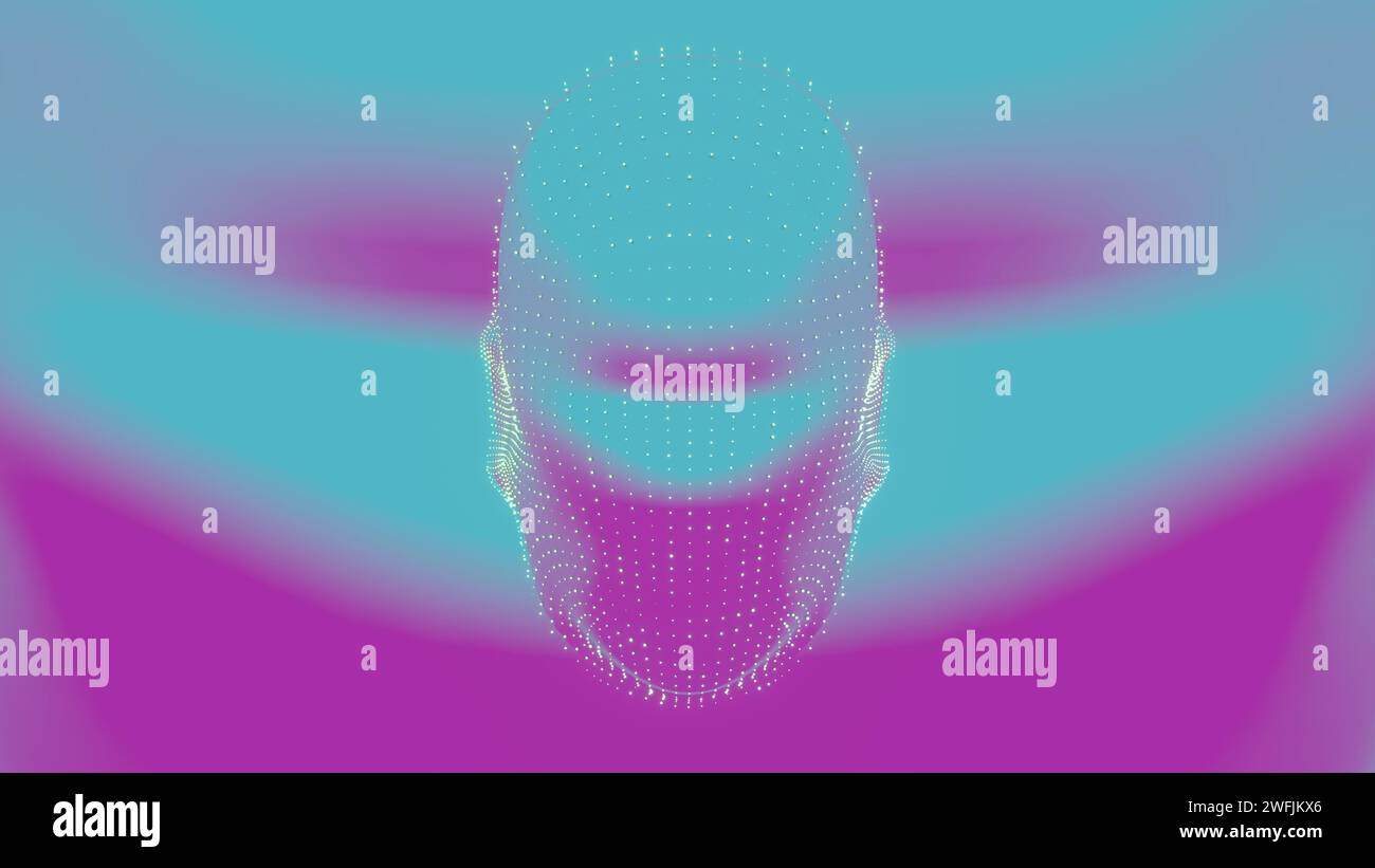 This a 3D model of an abstract, colorful intelligence face scanner with ...