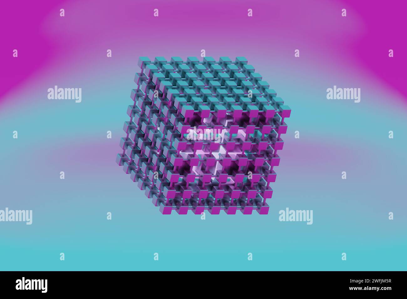 The cube, with its holographic texture, appears to float and rotate ...