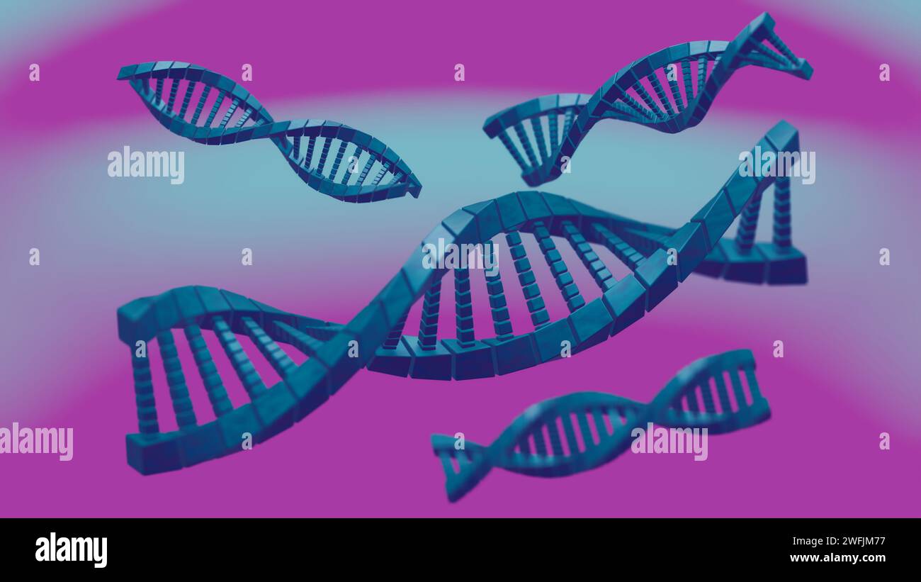 Abstract DNA helix with hexagonal elements on a holographic backdrop ...