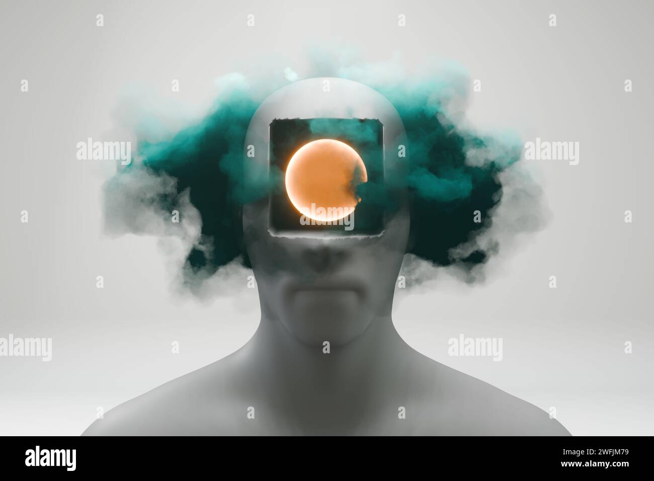 Abstract head with a hole, featuring clouds, symbolizing a blend of the ...