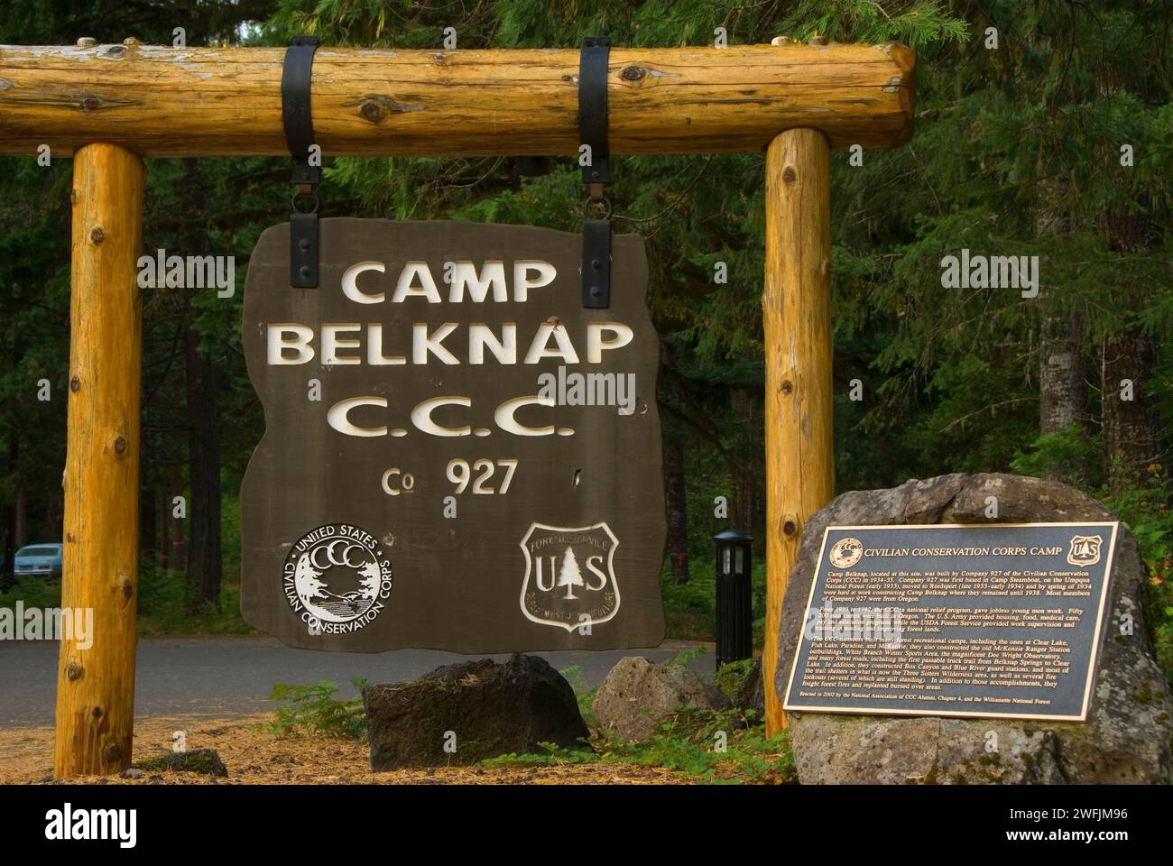 Camp Belknap Civilian Conservation Corp (CCC) sign, McKenzie Bridge ...