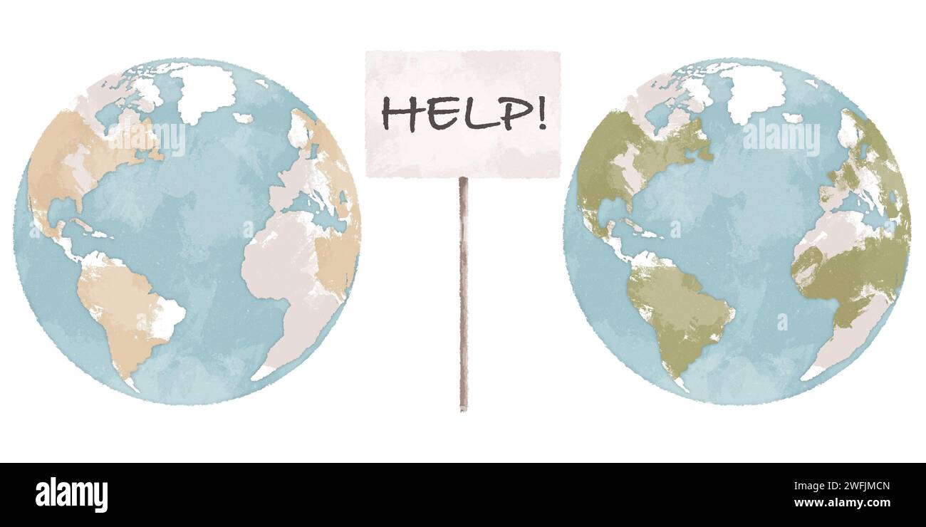 Planet Earth with help sign hand drawn illustration. Climate change ...