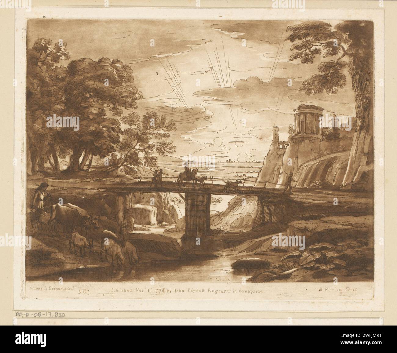 Landscape with travelers crossing a bridge at sunset, Richard Earlom ...