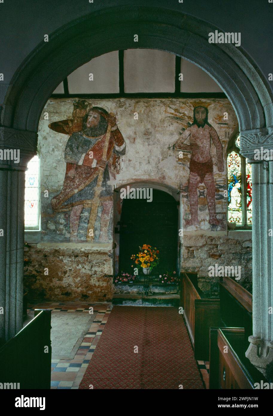 Mid C15th (1466) wall paintings of St Christopher carrying the Infant ...