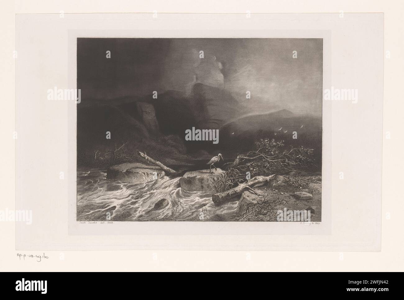 Rocky Landscape with River and Reiger, Jean Théodore Joseph Linnig ...