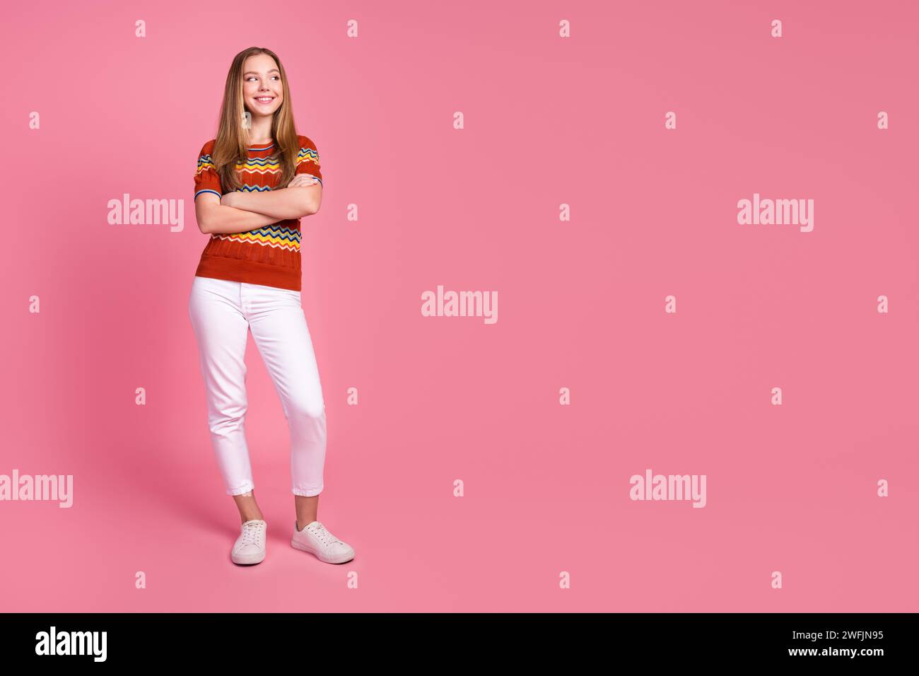 Full body photo of nice creative minded girl folded arms look empty ...