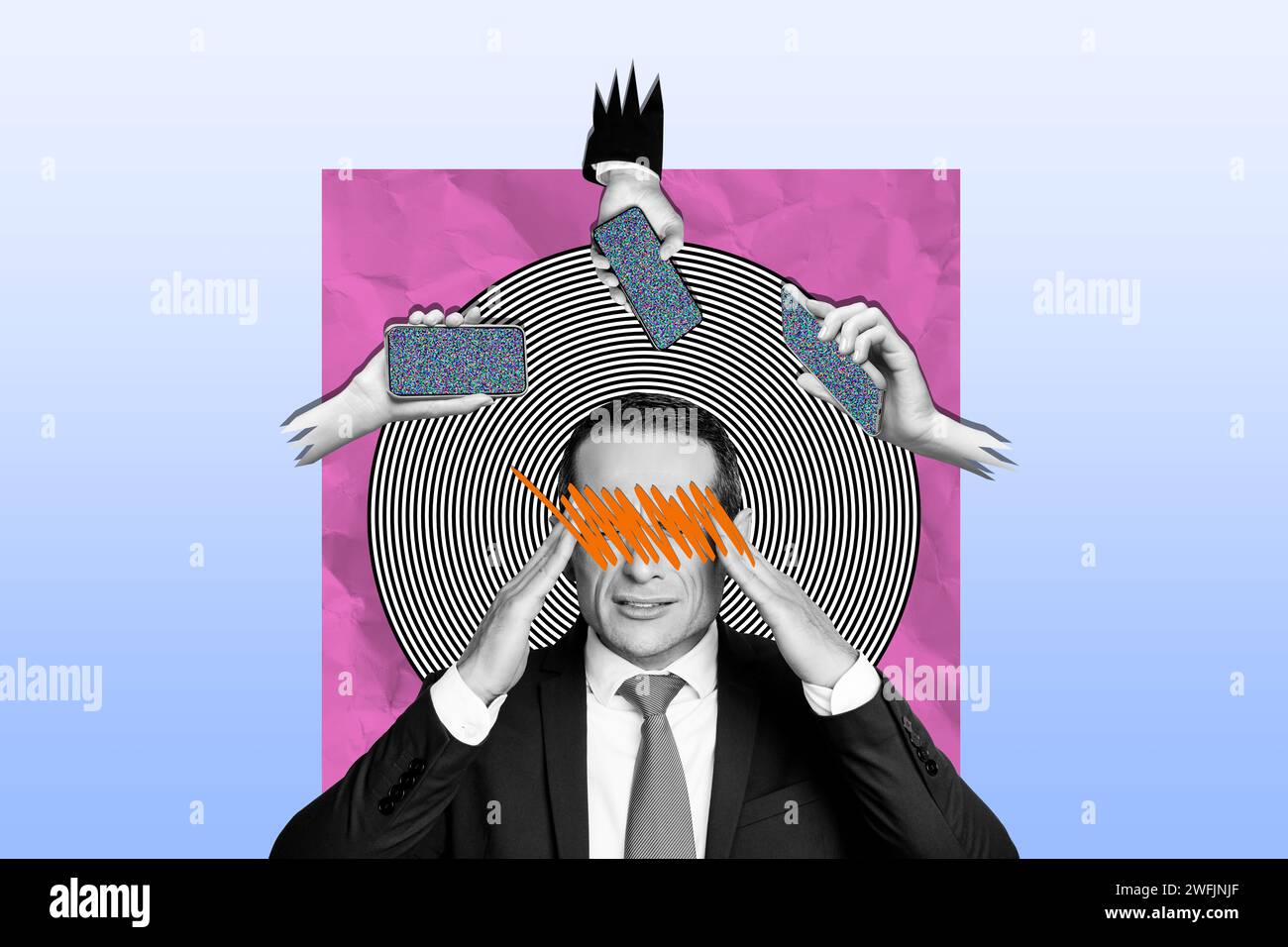 Photo collage illustration guy businessman annoyed propaganda phone ...