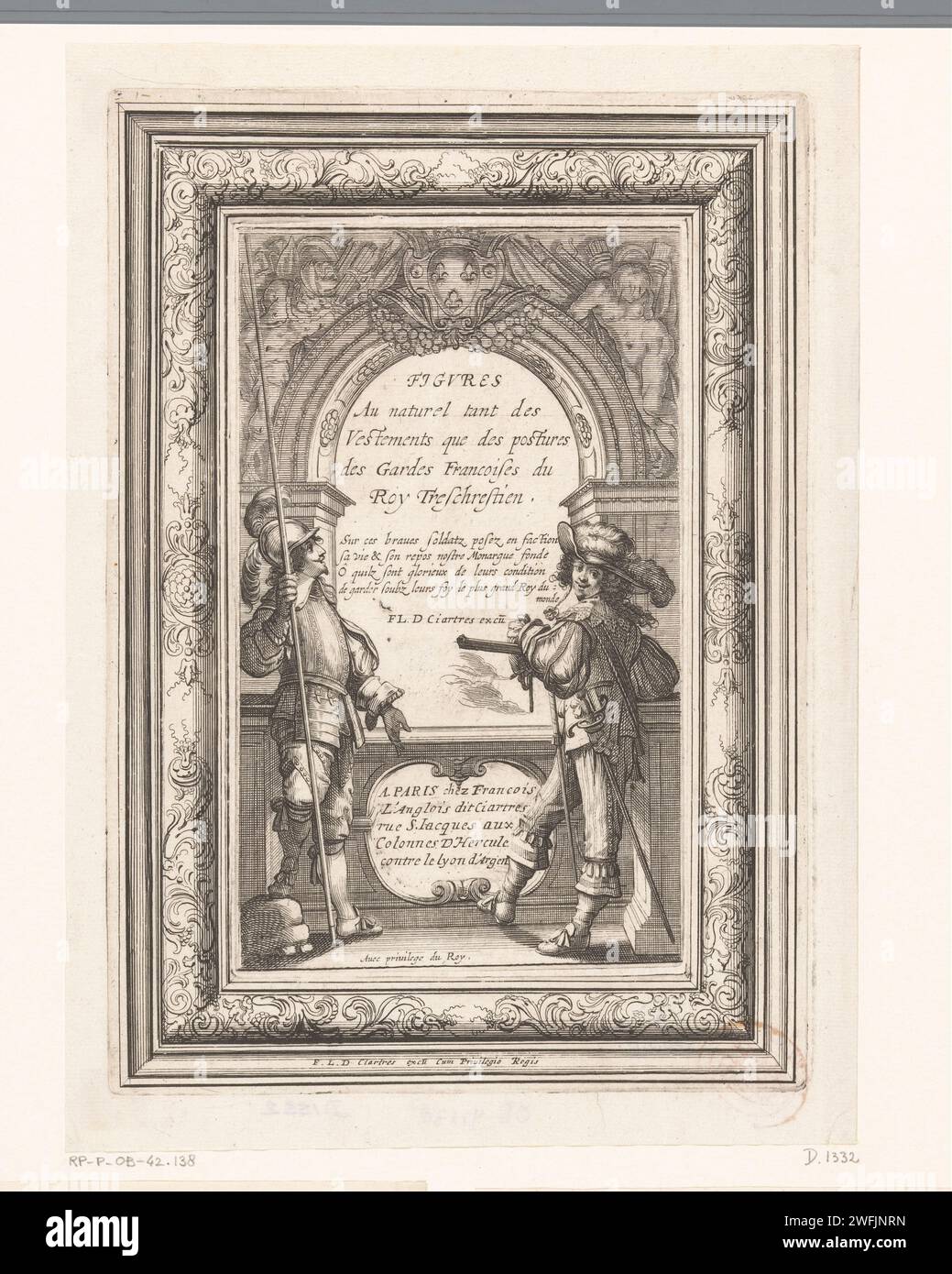 Title print with two royal soldiers at a balustrade, Abraham Bosse ...